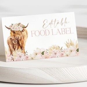 Editable Boho Highland Cow Food Label, Cow Floral Party Food Tent, Holy ...