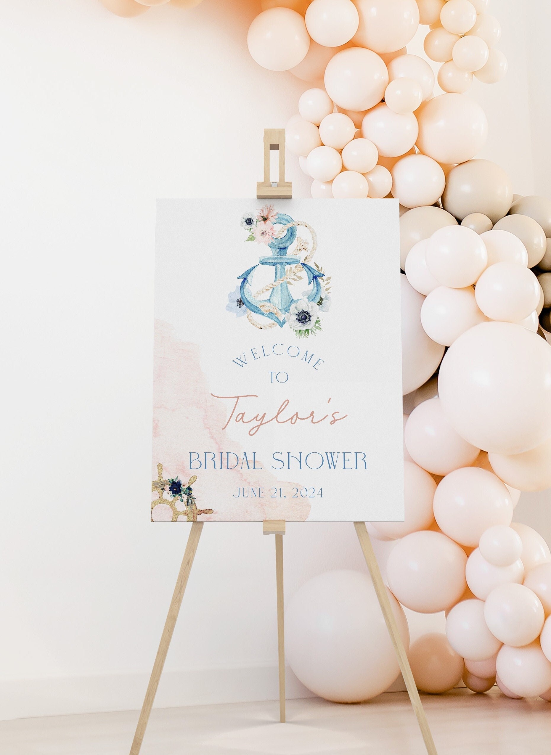 Editable Nautical Bridal Shower Welcome Sign, Floral Anchor Bridal ...