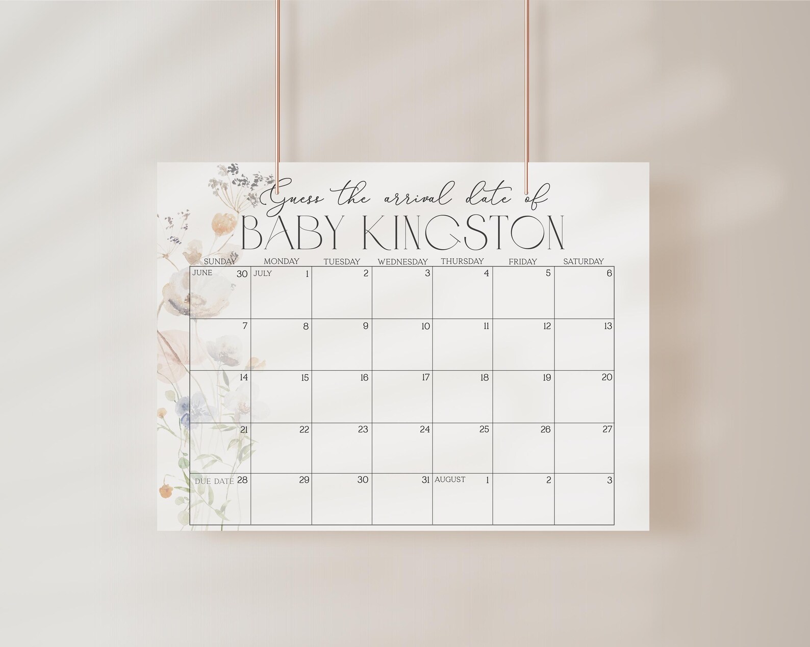 Editable Wildflower Baby Shower Guess the Due Date Calendar, Gender ...