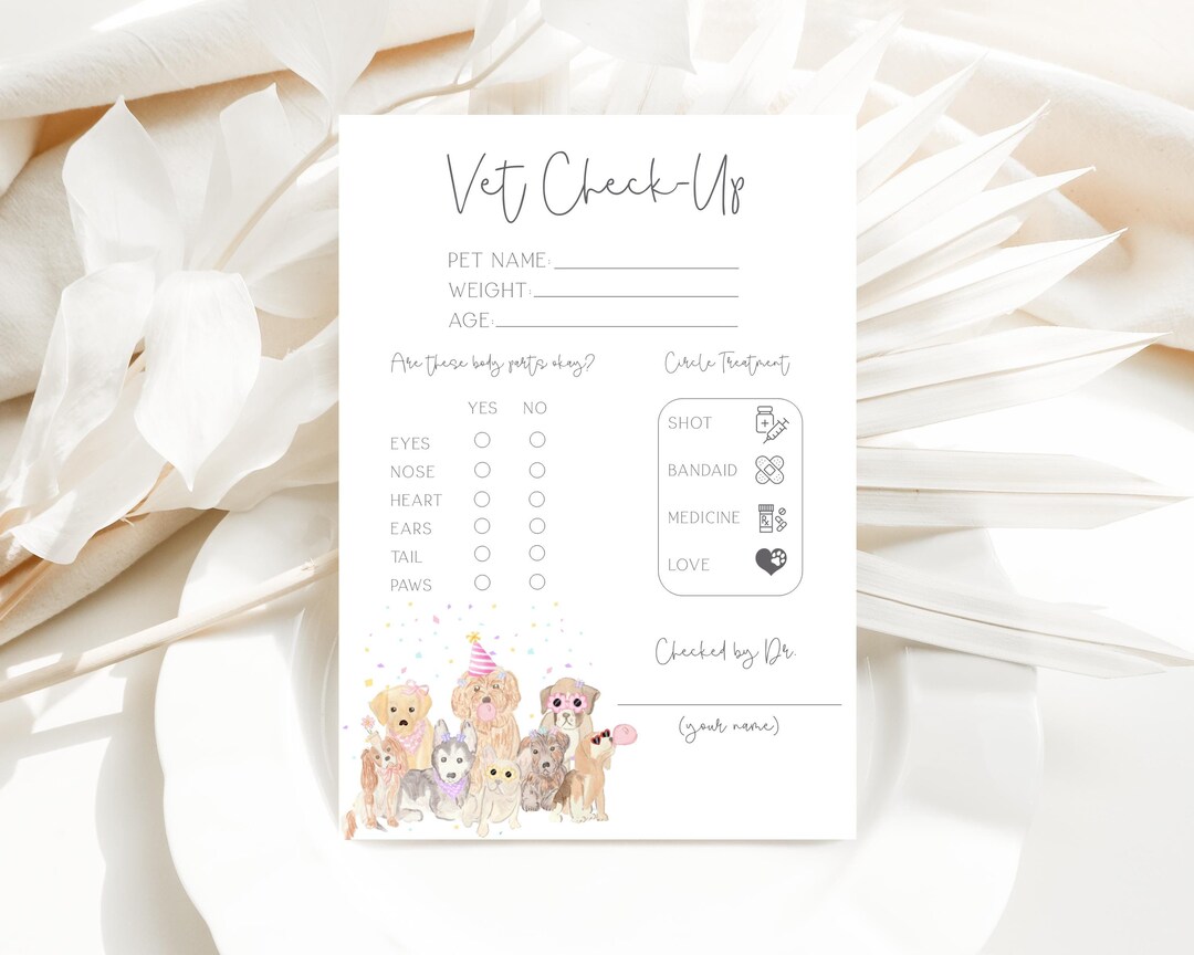 Editable Dog Pink Birthday Vet Check-up Card, Puppy Party 5x7 Vet Check ...