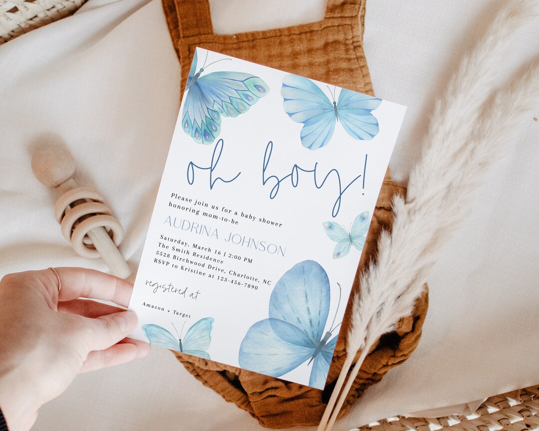 Editable Butterfly Baby Shower Invitation, Printable Blue Butterfly ...