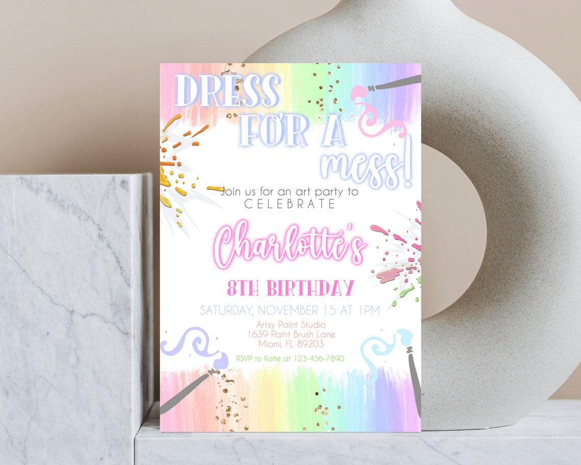 Art Party Birthday Invitation Template Dress for a Mess - Etsy