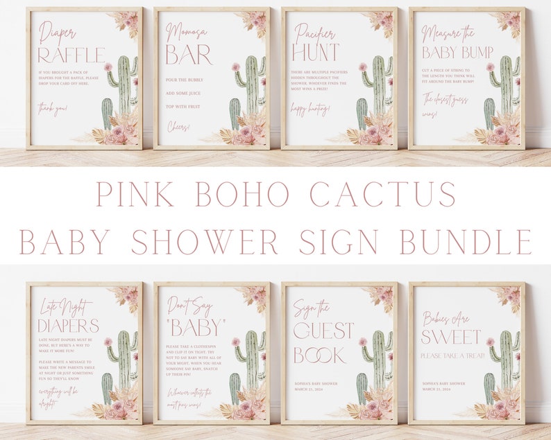 Pink Boho Cactus Baby Shower Sign and Game Bundle (digital Download ...