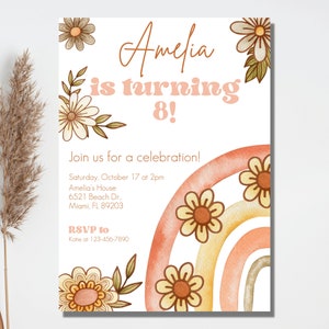 Retro Floral Birthday Invitation Template, Retro Rainbow and Flowers ...