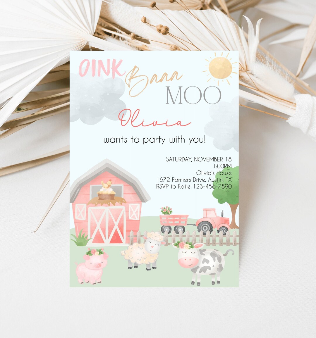 Farm Birthday Invitation Template, Farm Animal Birthday Party, Oink Baa ...