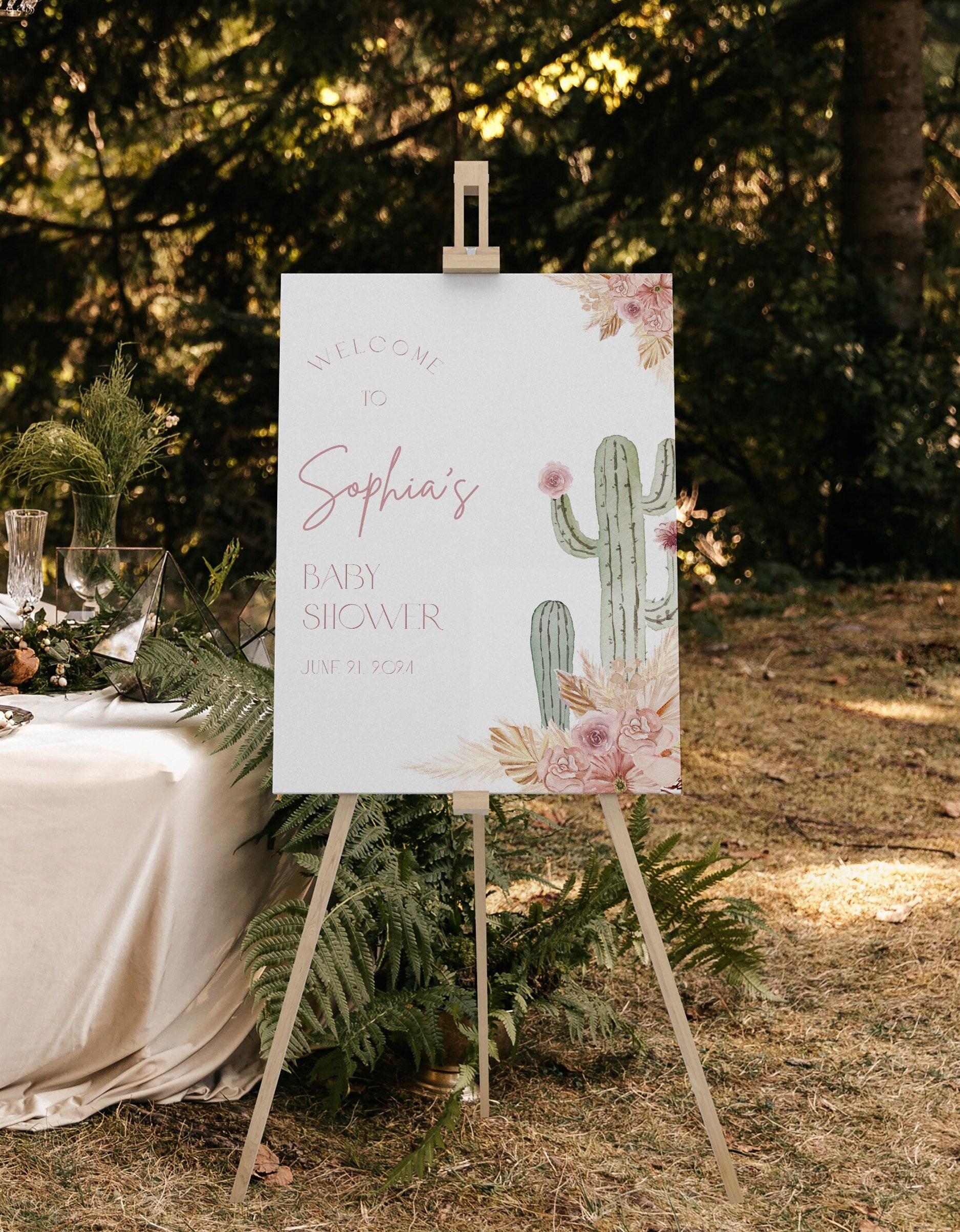 Editable Pink Floral Boho Cactus Baby Shower Welcome Sign Poster ...