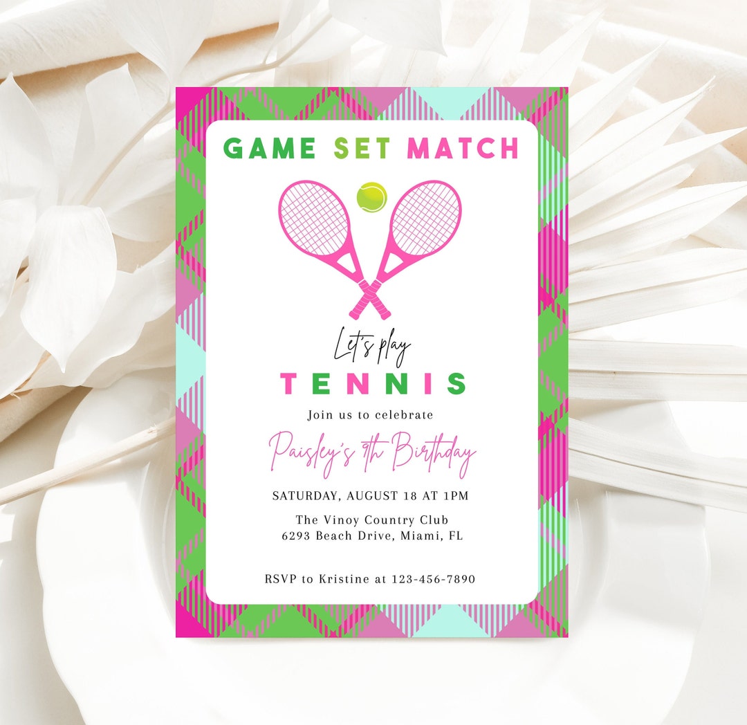 Editable Tennis Birthday Invitation Template, Hot Pink + Green Game Set ...