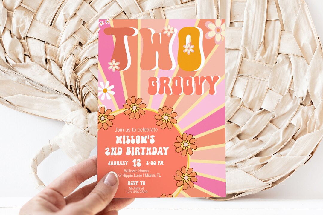 Editable Two Groovy Invitation, Groovy 2nd Birthday Invite, Rainbow ...