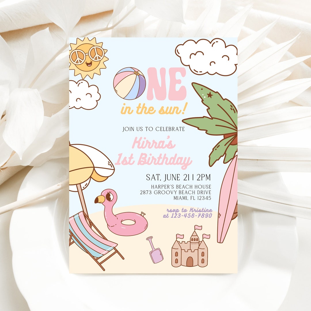 Retro Girls Beach 1st Birthday Party Invitation, Girls Groovy Pool ...