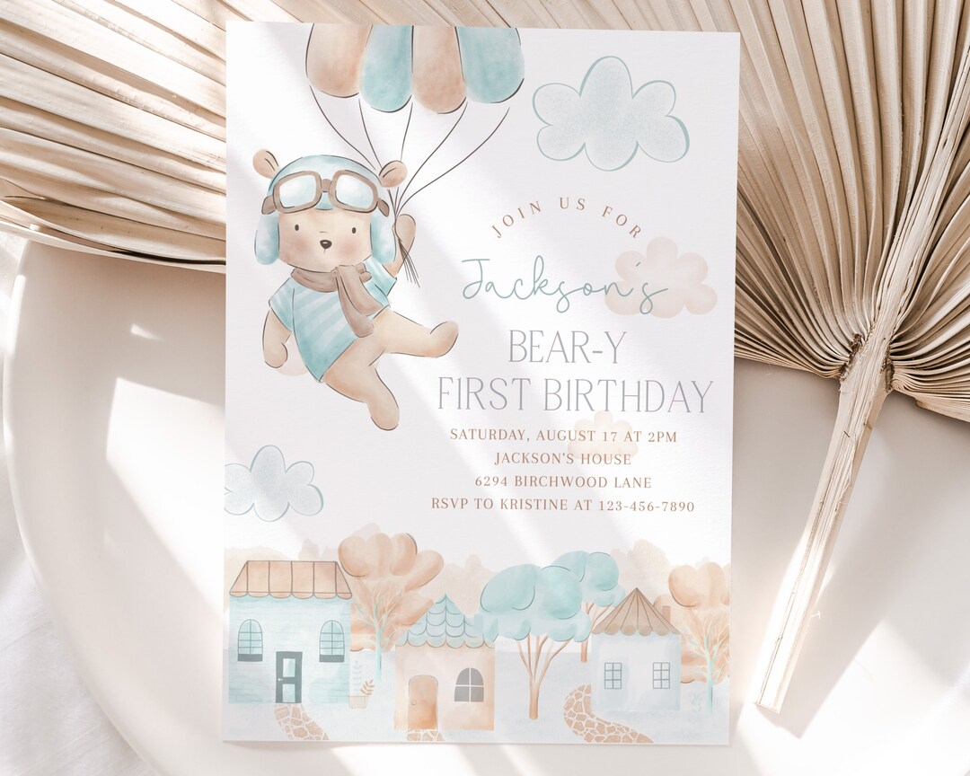 Editable Bear 1st Birthday Invitation, Printable Blue Bear-y First ...