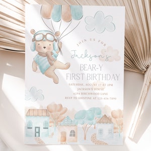 Editable Bear 1st Birthday Invitation, Printable Blue Bear-y First ...