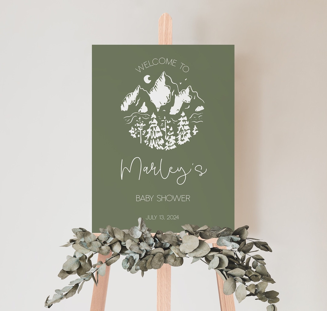 Editable Adventure Baby Shower Welcome Sign, Sage Green Mountain Baby ...