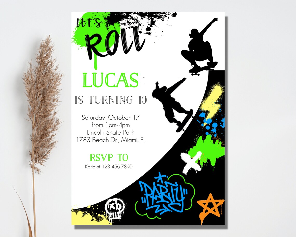 Skateboard Birthday Party Invitation Boys Skateboarding - Etsy