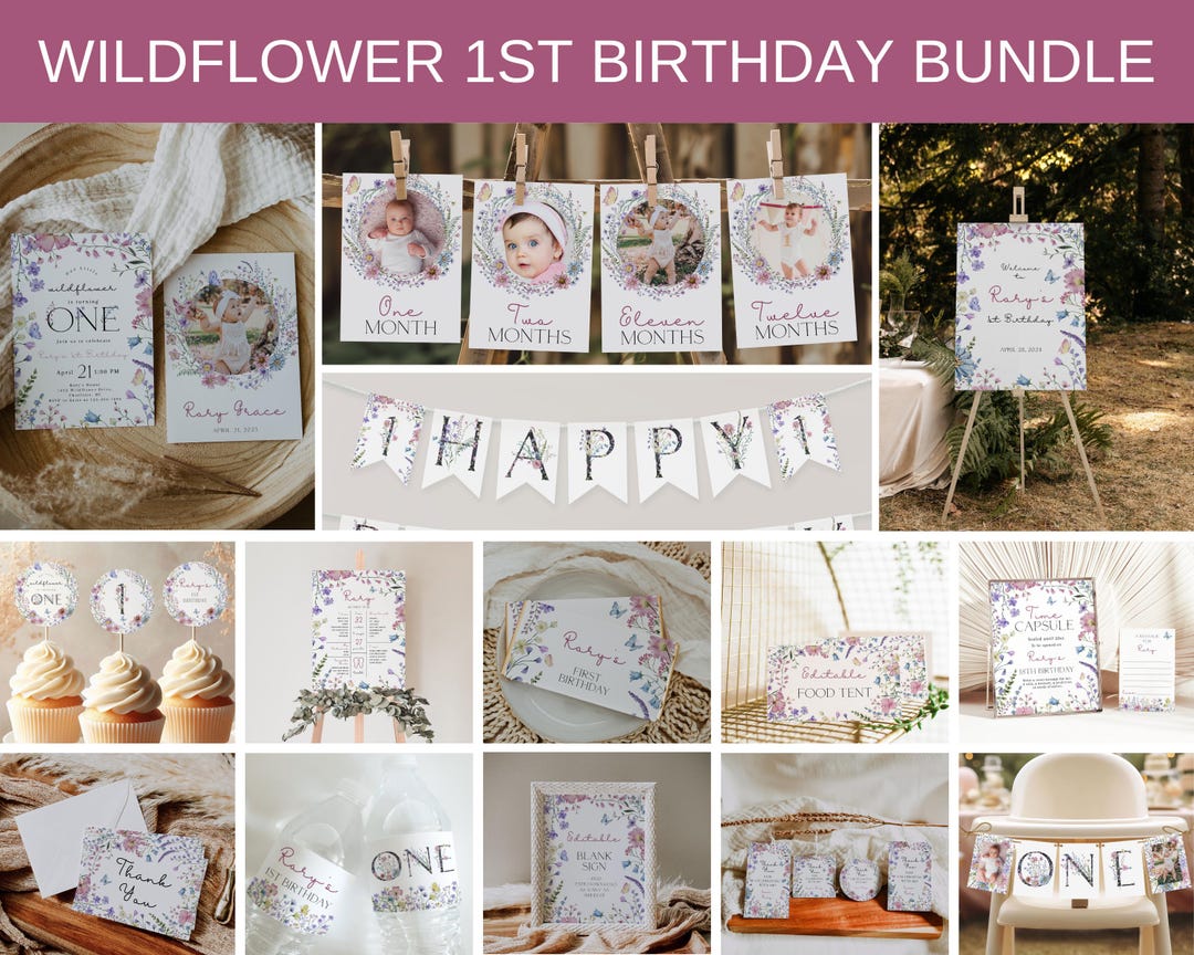Wildflower First Birthday Invitation + Decoration Bundle, Pink Little ...