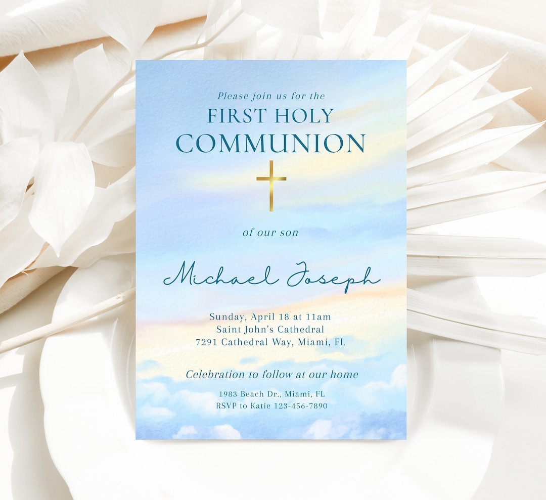 Editable First Holy Communion Invitation Template, Blue Sky First ...