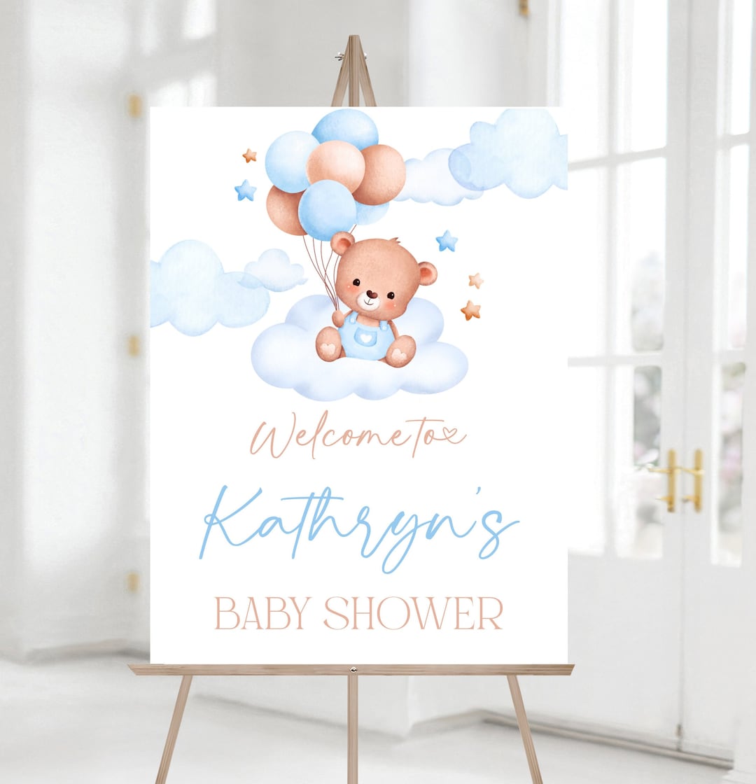 Editable Blue Teddy Bear Balloon Baby Welcome Sign, Boy Bear Balloon ...