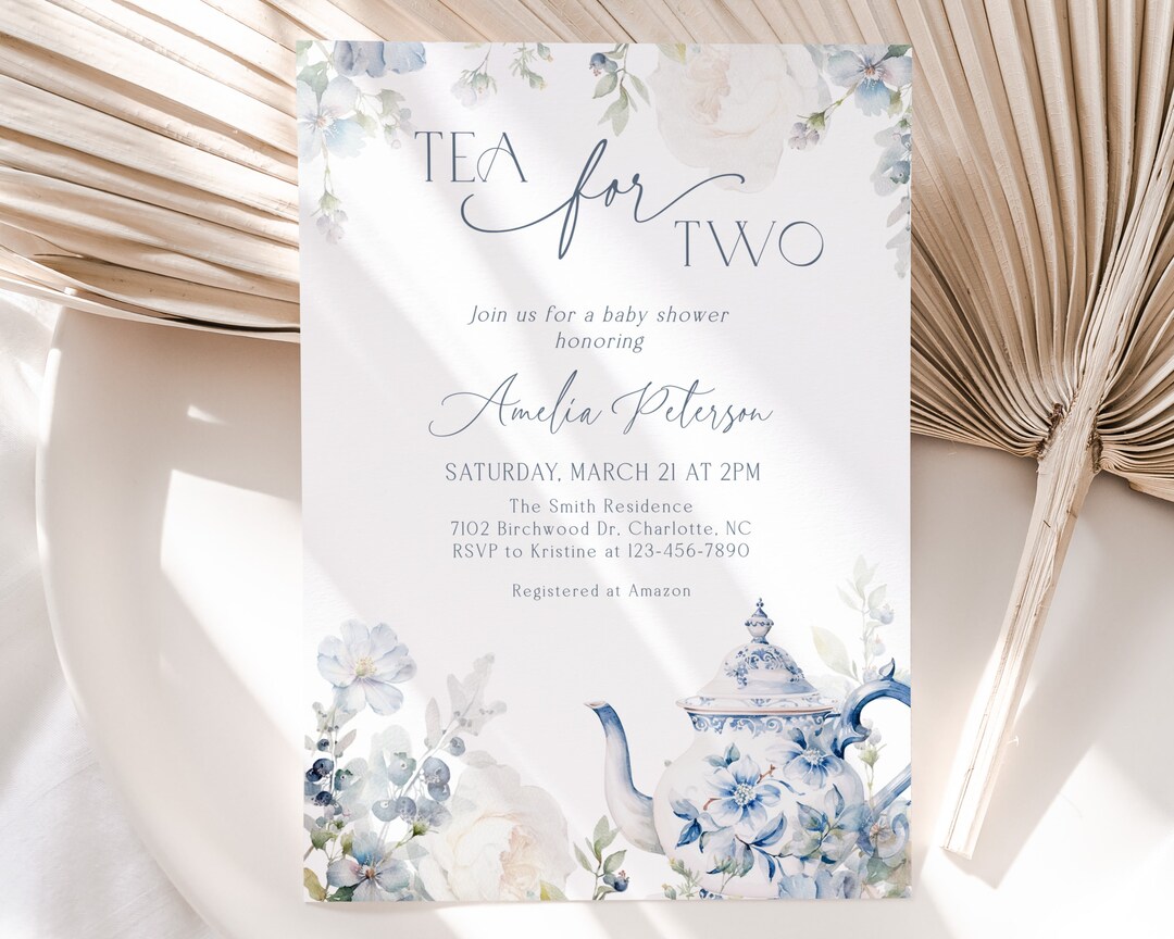 Editable Dusty Blue Tea Party Baby Shower Invitation, Chinoiserie Tea ...