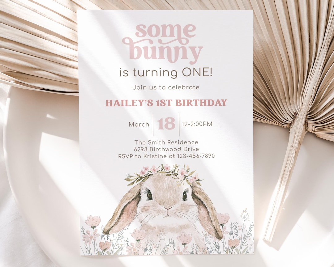 Editable Bunny Birthday Invitation, Pink Floral Easter Rabbit Birthday ...