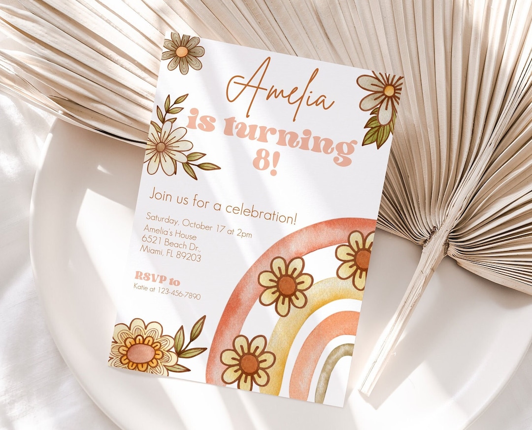 Retro Floral Birthday Invitation Template, Retro Rainbow and Flowers ...