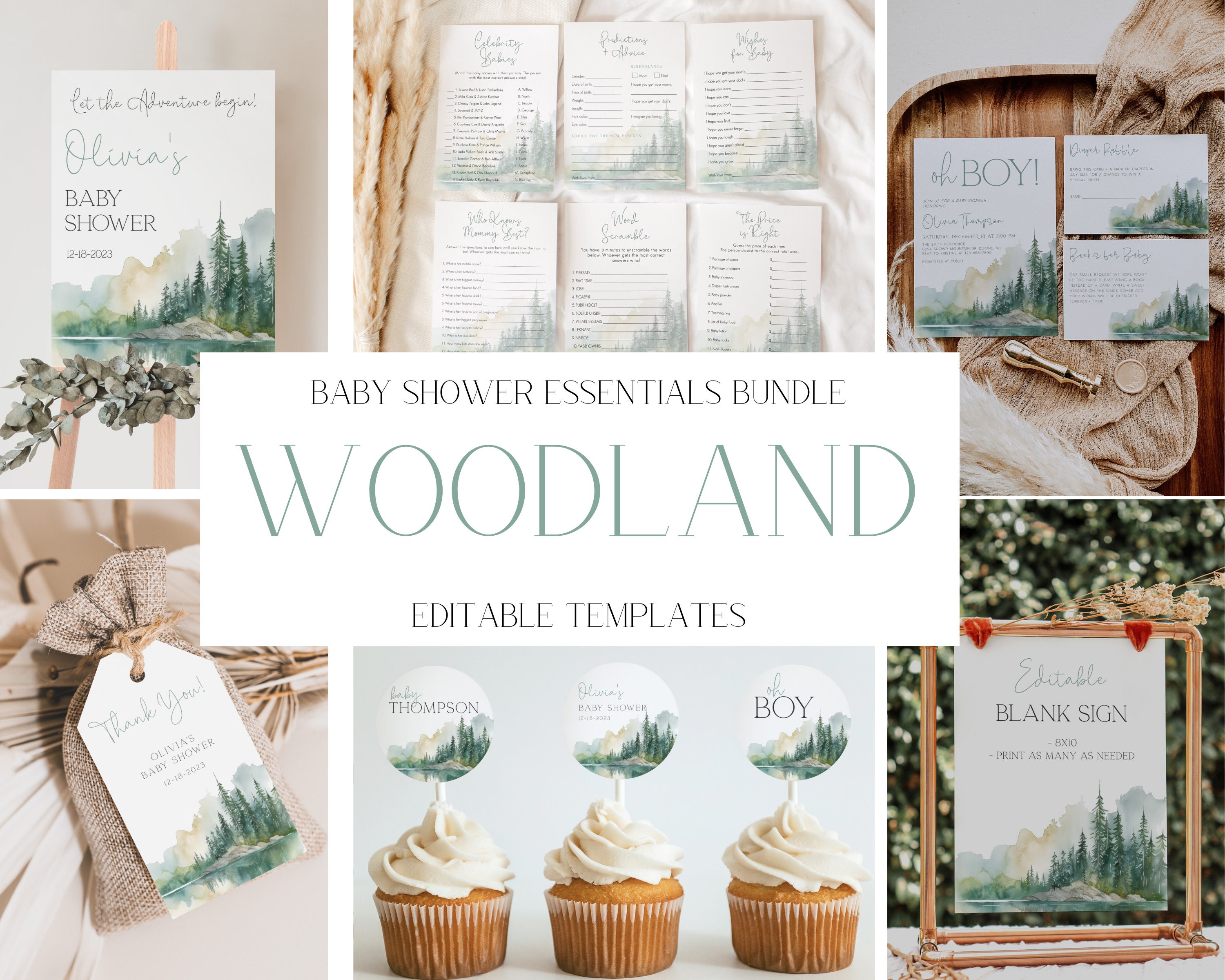 Editable Woodlands Baby Shower Game Bundle, Mountain Forest Adventure ...