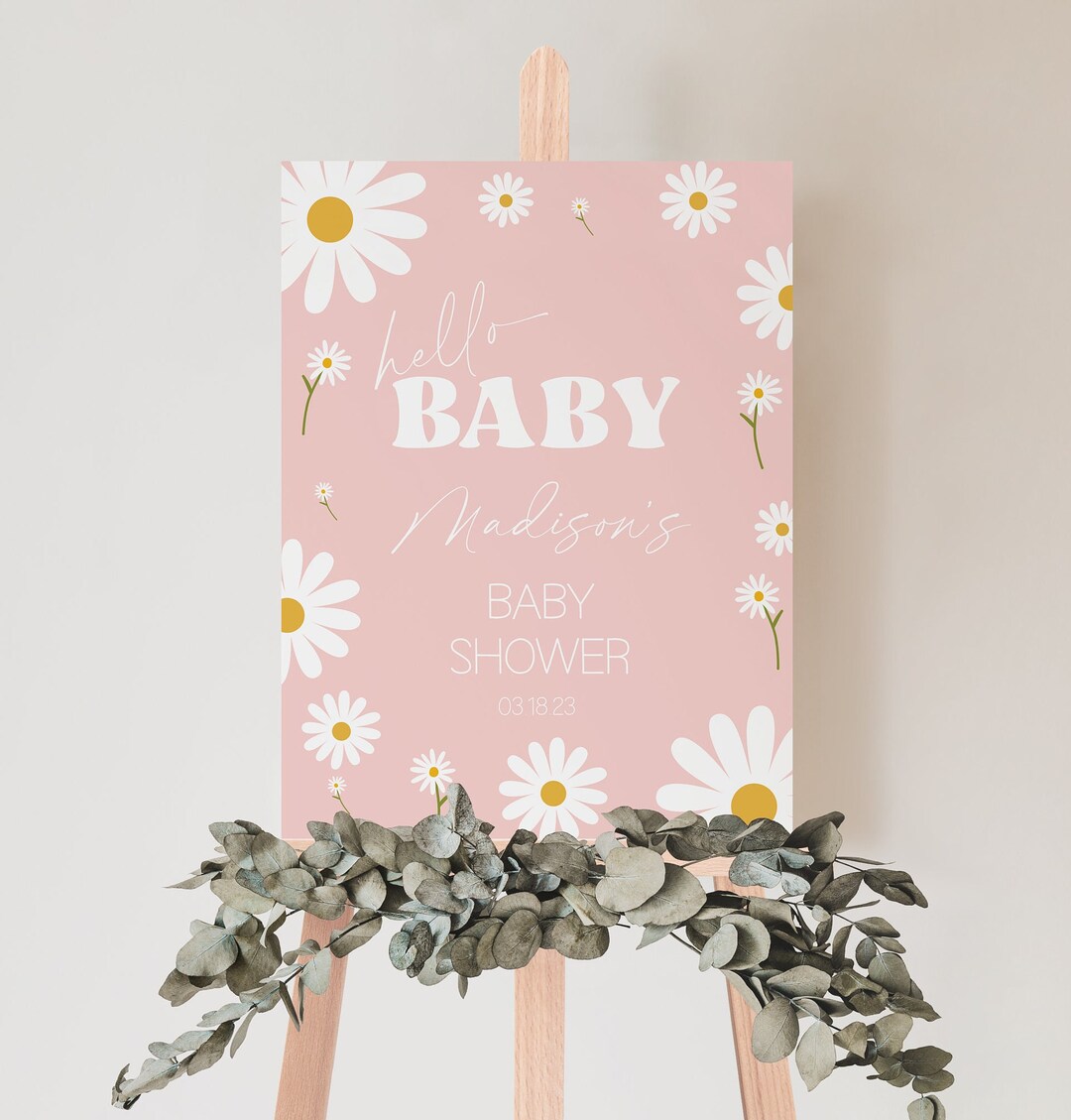 Editable Pink Daisy Baby Shower Welcome Sign, Bohemian Daisy Hello Baby ...