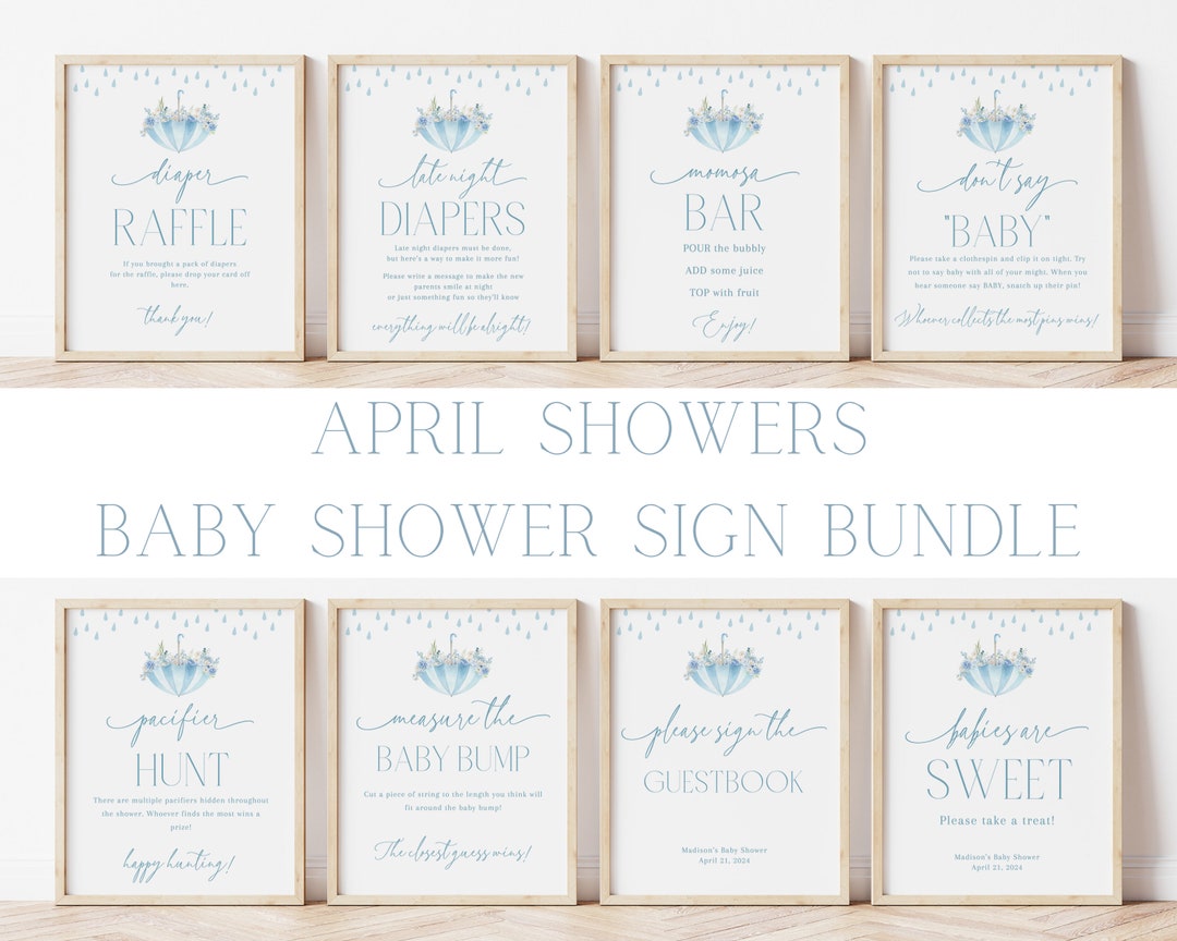 Editable April Showers Baby Shower Sign Bundle, Blue Spring May Flowers ...
