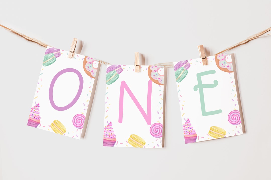 Editable Sweet One Birthday Highchair Banner, Desserts Candy Birthday ...