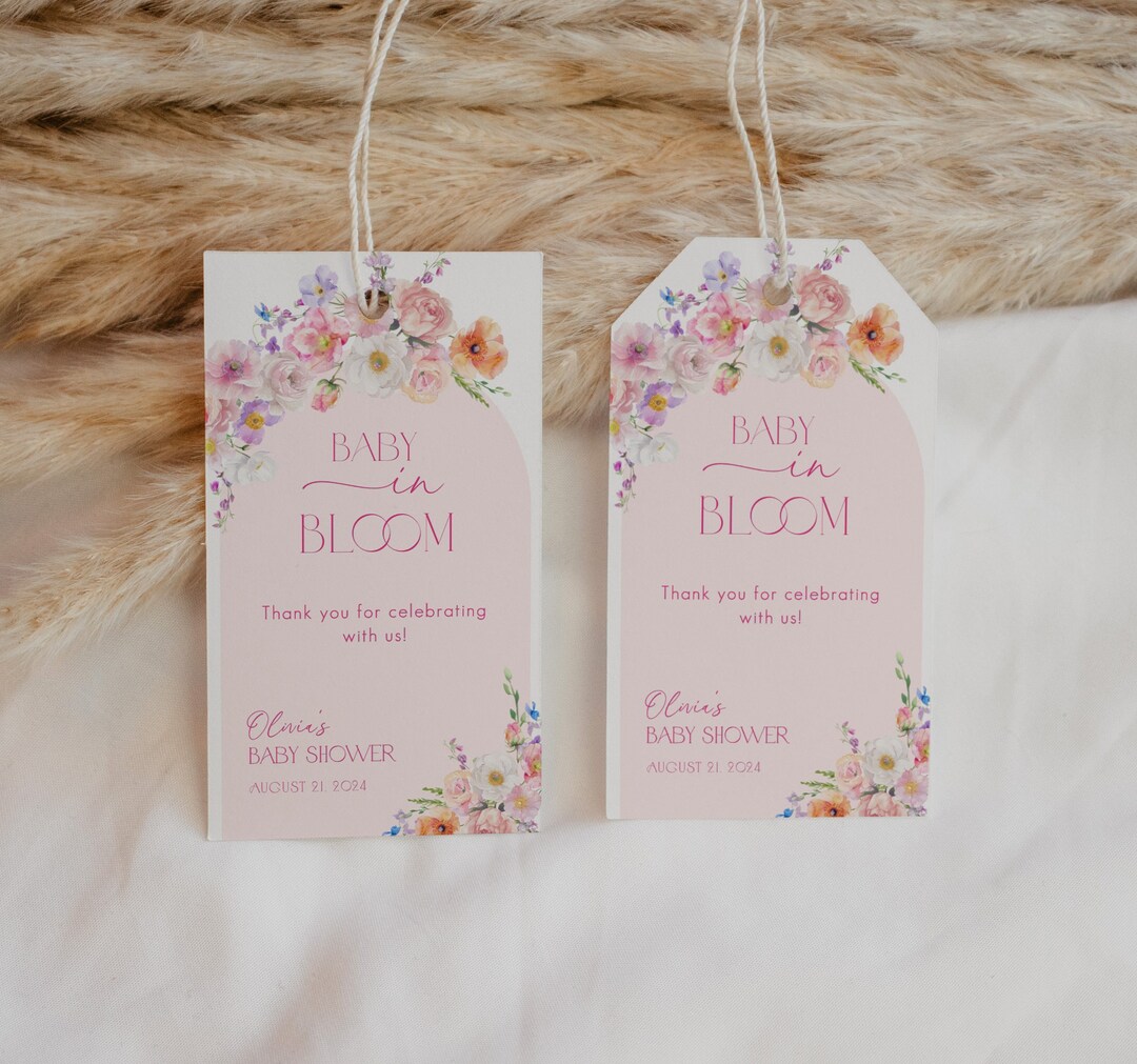 Editable Pink Purple Floral Favor Tag, Bright Floral Baby in Bloom ...