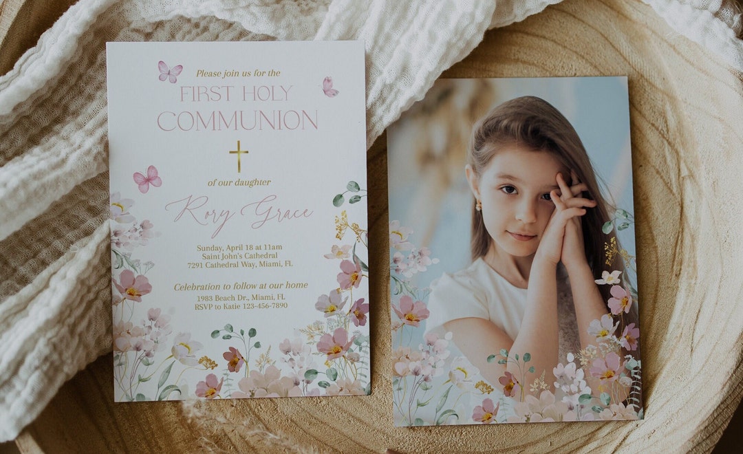 Editable First Holy Communion Invitation Template, Floral Girl ...