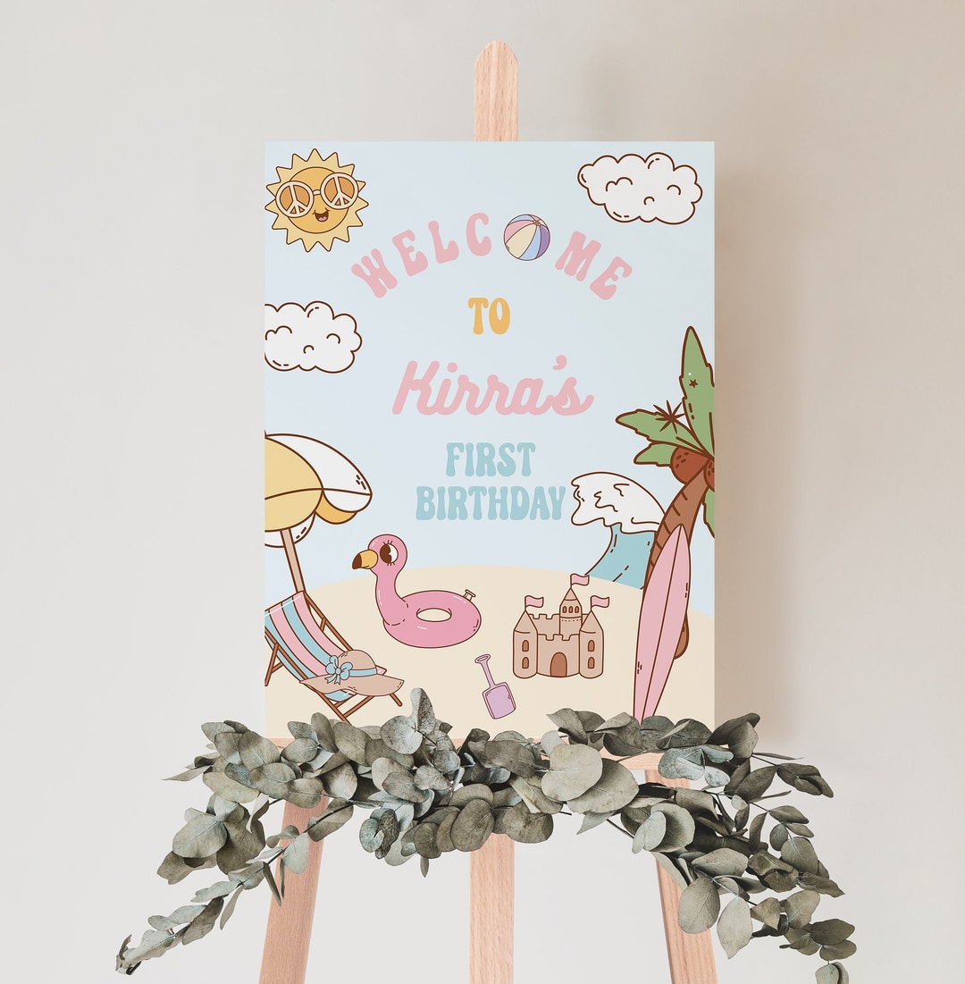 Retro Beach Birthday Party Welcome Sign, Girls Groovy Pool Party ...