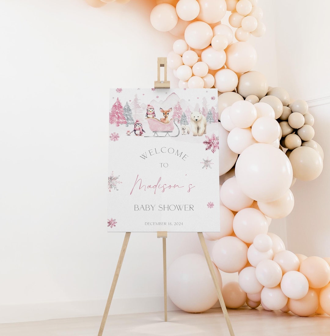 Editable Pink Winter Arctic Animals Welcome Sign Template, Girl Arctic ...