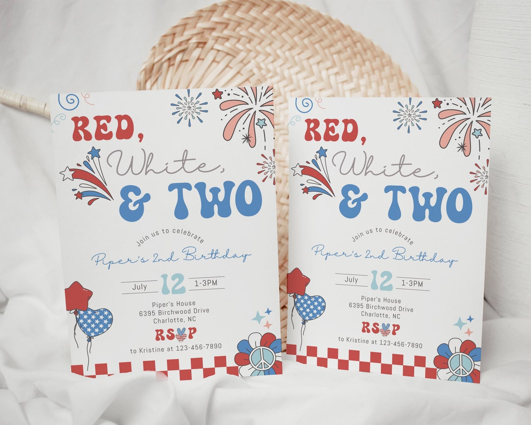 Editable Retro 4th of July 2nd Birthday Invitation Template, Red White ...