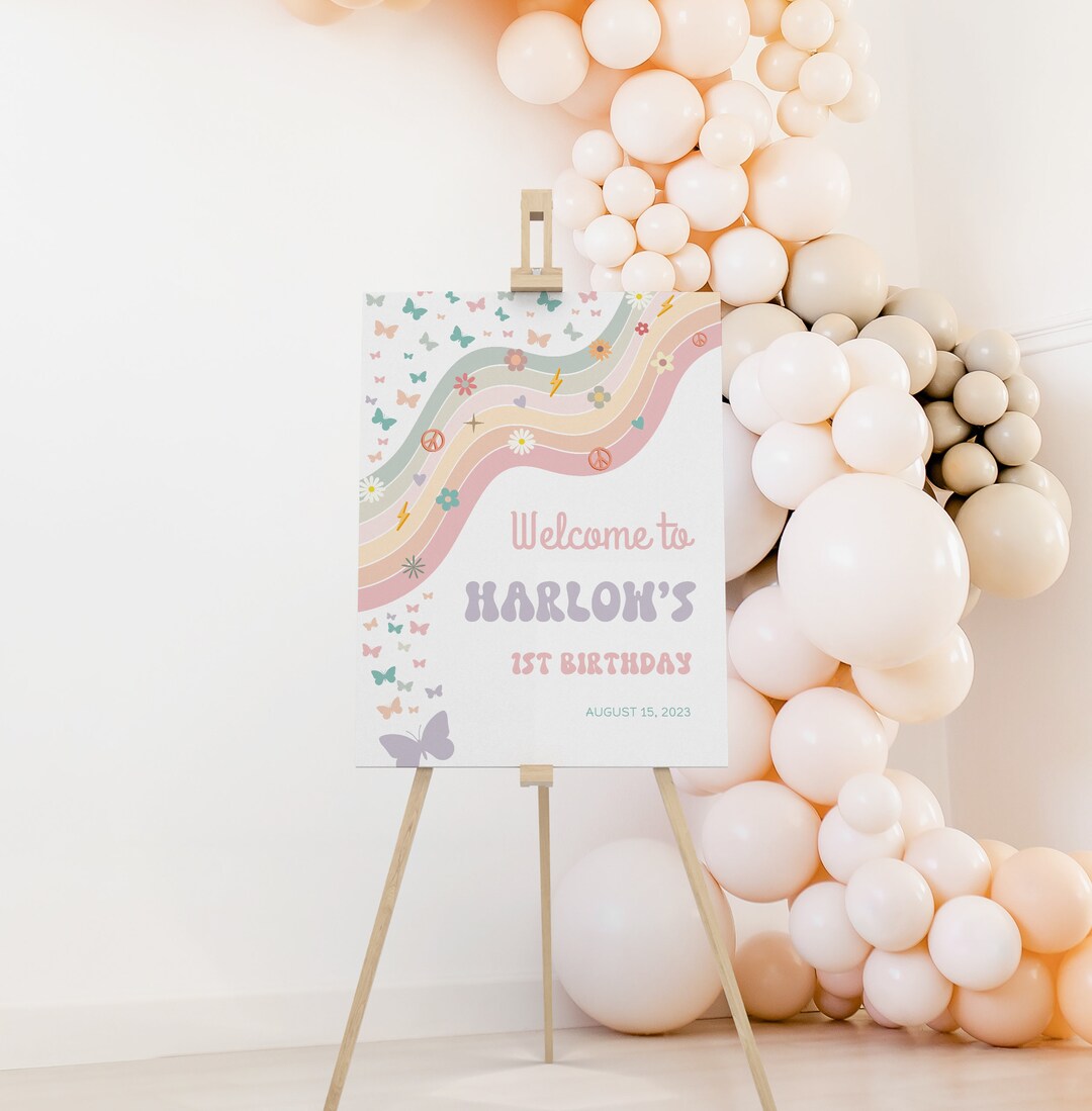 Pastel Retro Groovy One Birthday Welcome Sign, Peace Rainbow Butterfly ...