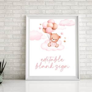 Editable Pink Teddy Bear Balloon Welcome Sign, Girl Bear Balloon Baby ...