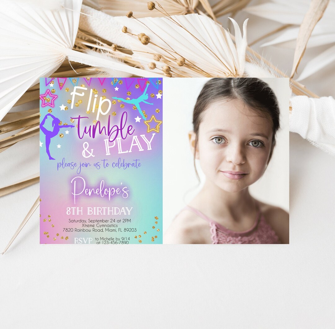 Gymnastics Picture Birthday Invitation, Flip Tumble & Play Invitation ...