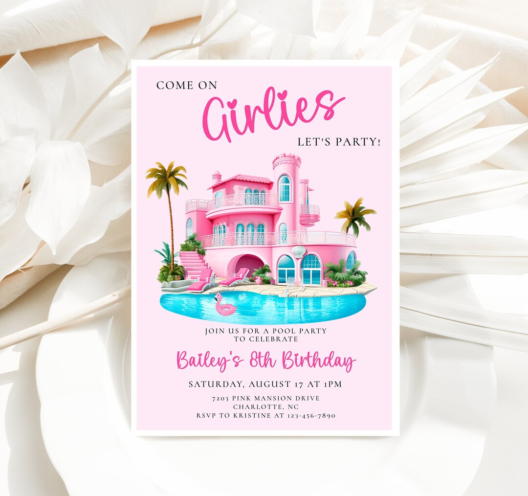Editable Hot Pink Girl Pool Party Invitation Template, Magenta House ...