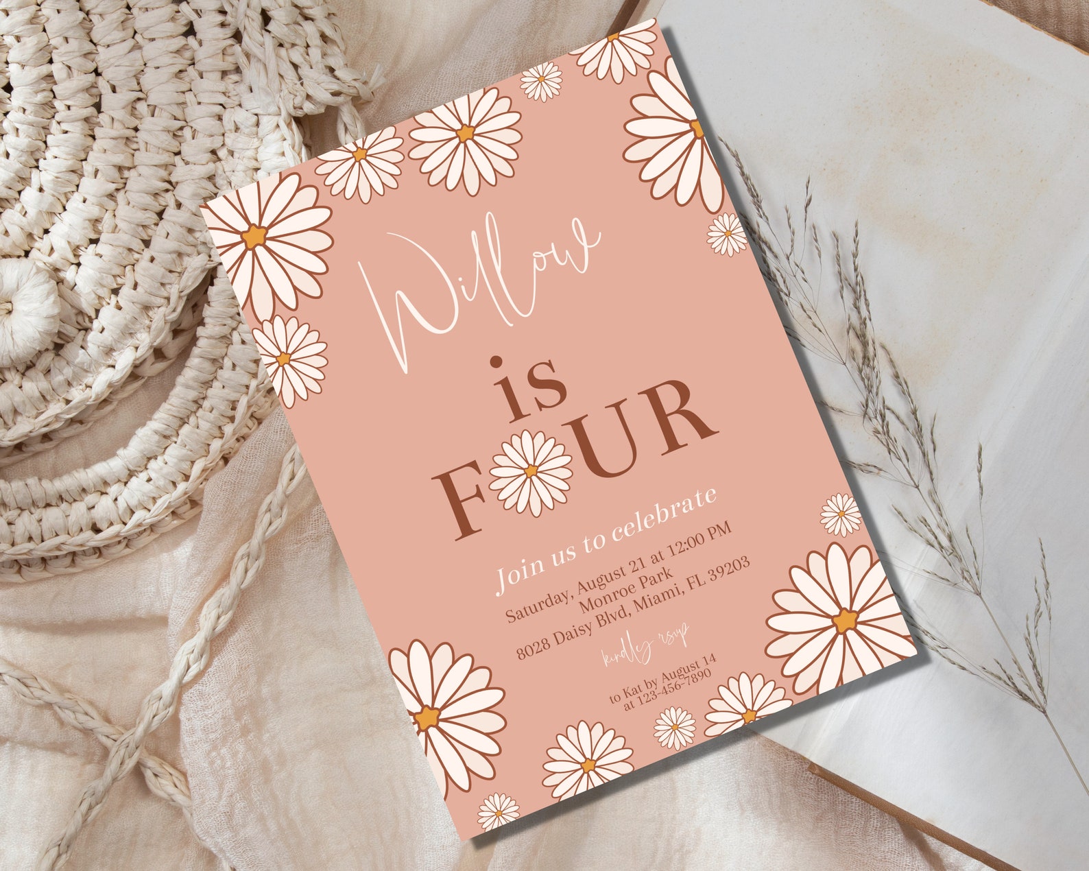 Editable Retro Daisy Birthday Invitation Daisy 4th Birthday - Etsy