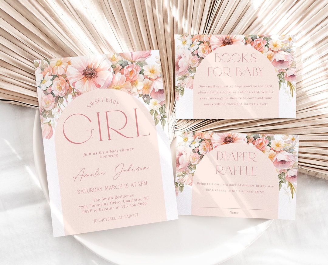 Editable Pink Floral Baby Shower Invitation Bundle, Printable Spring ...