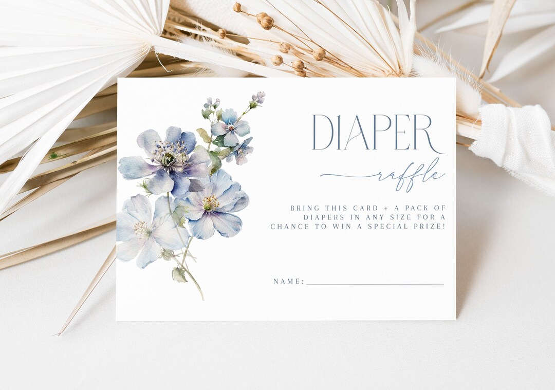 Dusty Blue Watercolor Floral Baby Shower Diaper Raffle Card, Boy Baby ...