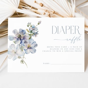 Dusty Blue Watercolor Floral Baby Shower Diaper Raffle Card, Boy Baby ...