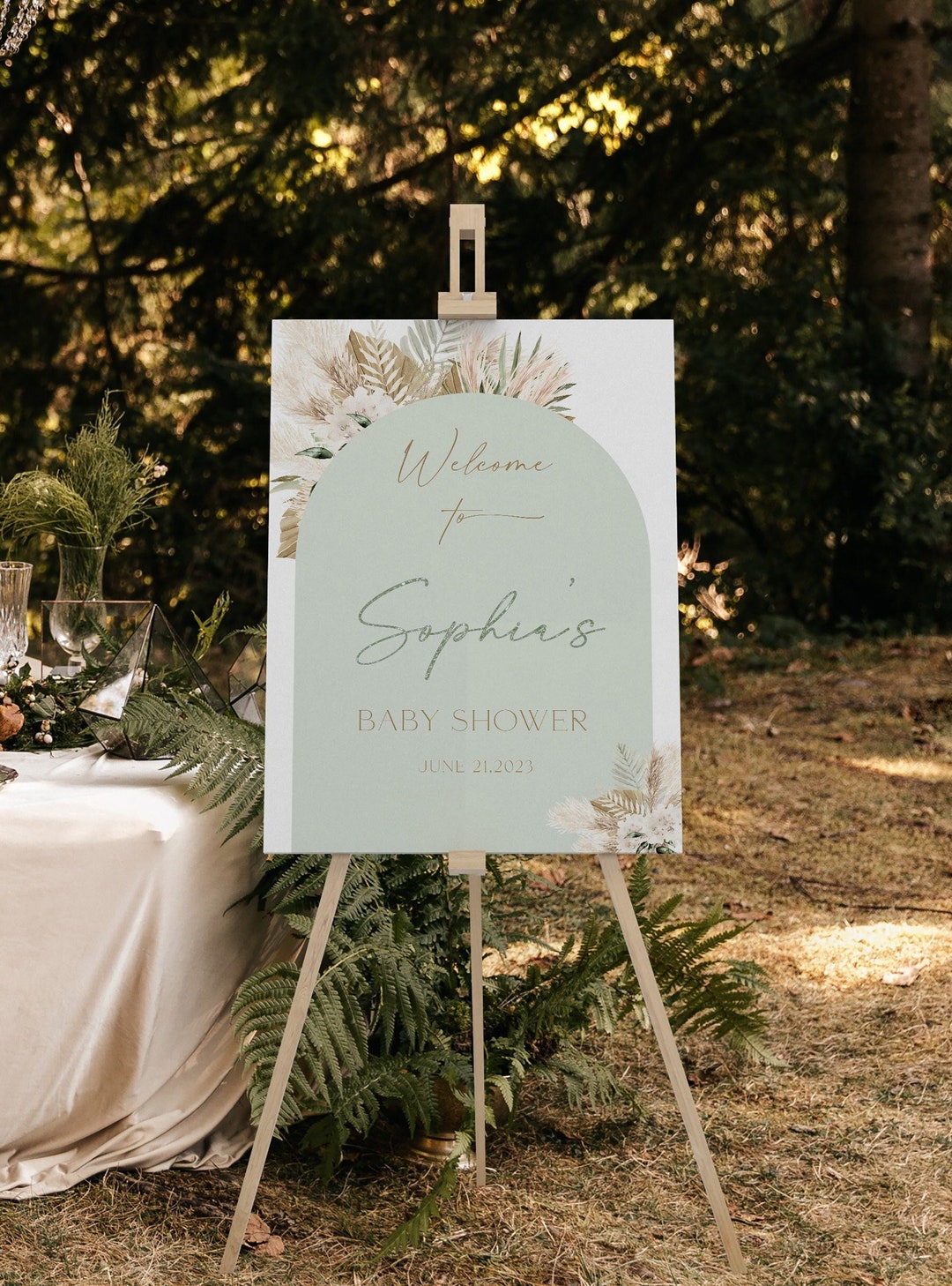 Boho Sage Green Floral Pampas Grass Baby Shower Welcome Sign, Bohemian ...