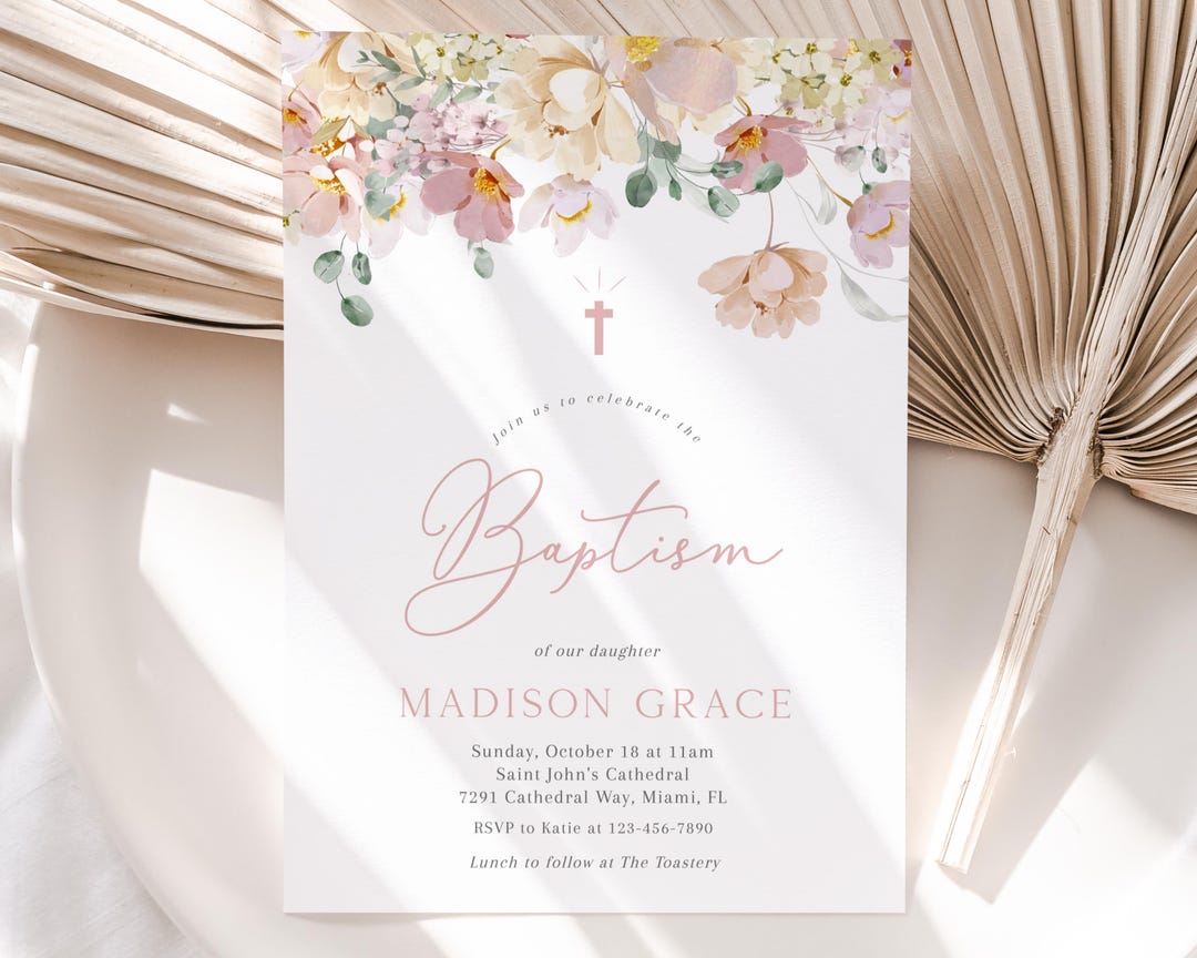 Editable Floral Girls Baptism Invitation, Floral Baptism Invitation ...