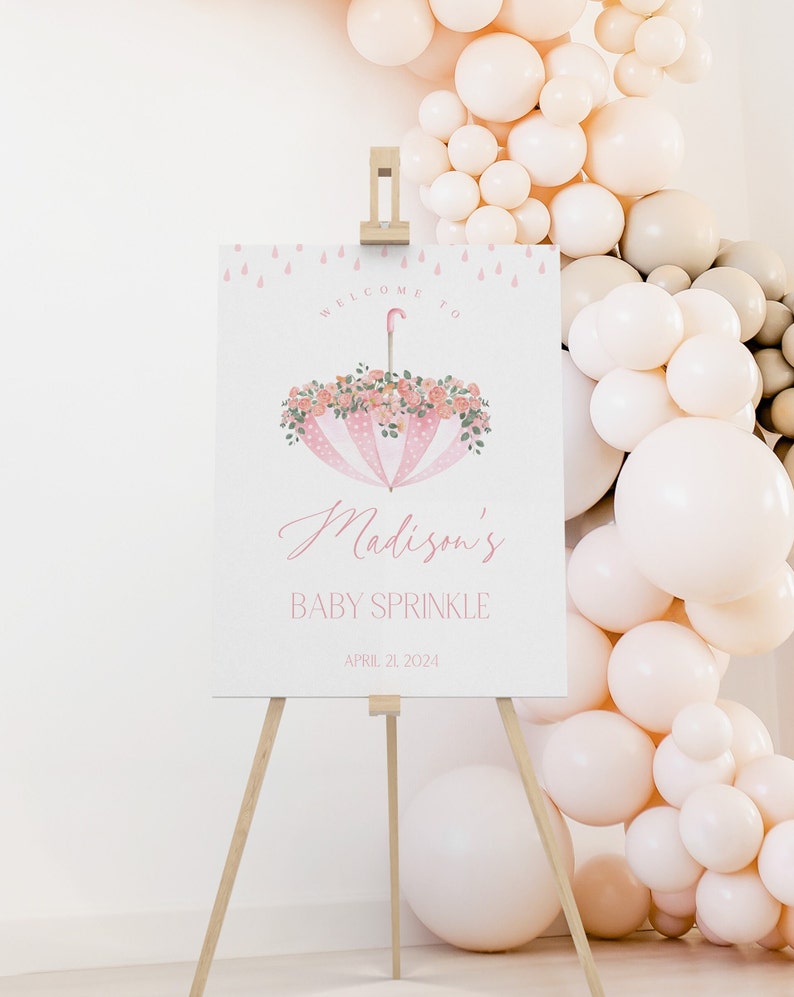 Editable Pink Floral Baby Sprinkle Welcome Sign, April Showers (digital ...