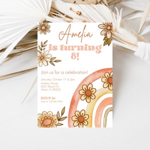 Retro Floral Birthday Invitation Template, Retro Rainbow and Flowers ...