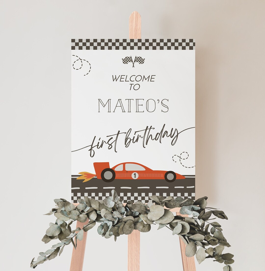 Editable Race Car 1st Birthday Welcome Sign, Fast One Race Car Birthday ...