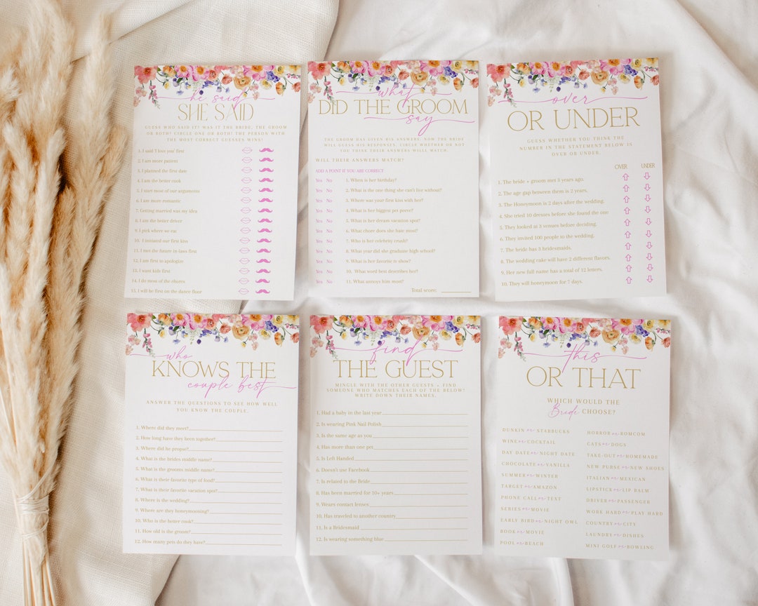 Hot Pink Floral Bridal Shower Game Bundle, Bright Pink + Orange Summer ...