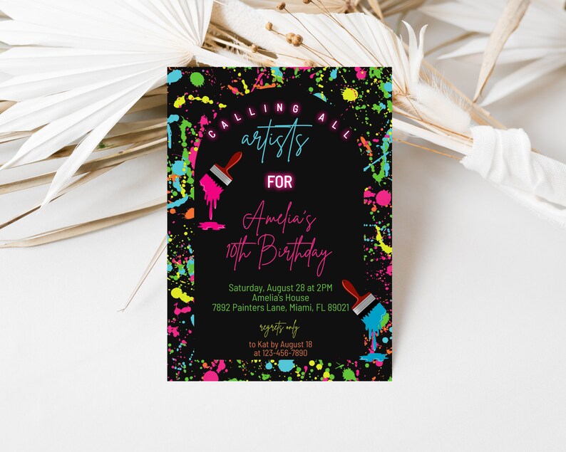 Neon Paint Party Invitation, Colorful Birthday Invite (instant Download ...