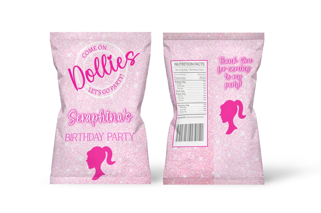 Editable Pink Glitter Doll Birthday Party Chip Bag Wrapper, Girl ...