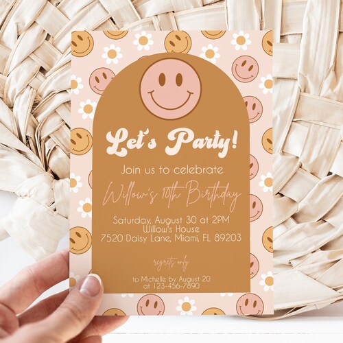 Birthday Invitation Retro Birthday Invite Preppy smiley - Etsy