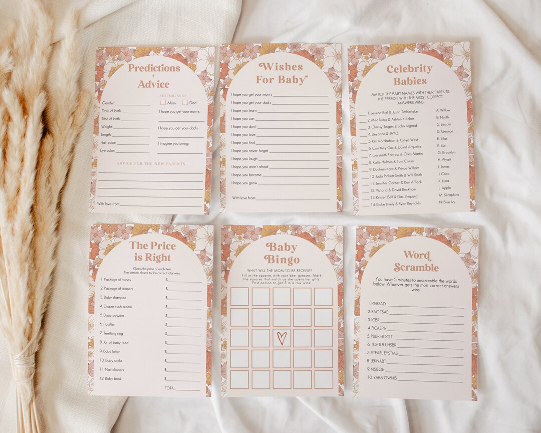 Retro Floral Baby Shower Game Bundle, Groovy Vintage Floral Game Set ...